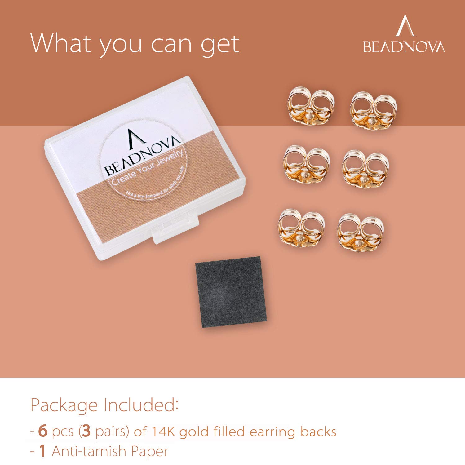 BEADNOVA 14k Gold Earring Backs for Studs Butterfly Safety Locking Earring Backs Replacements Push Back Earring Friction Earring Backs for Posts (6 Pieces)