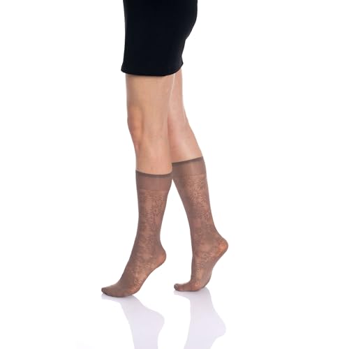 AWS/American Made Sheer Knee High Socks for Women Pack of 3 Pairs 15 Denier Stay up Band (Mink Flower Patterned)