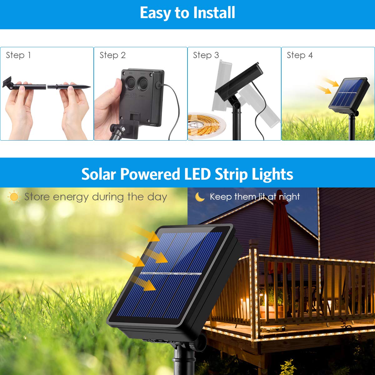 AMIR Upgraded LED Strip Lights, 90 LED 9.84ft Flexible Solar Strip Lights, 8 Lighting Modes, Waterproof for Patio, Garden, Home, Wedding, Courtyard (Warm White)