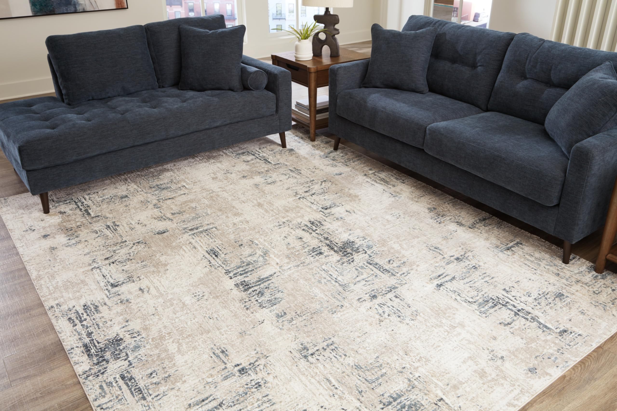 Signature Design by Ashley Gentor Contemporary Indoor Abstract 8 x 10 Rug, Blue & Biege
