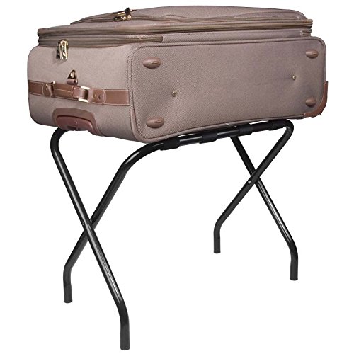 King's Brand Furniture-Black Metal Foldable Luggage Rack Stand with Nylon Belts