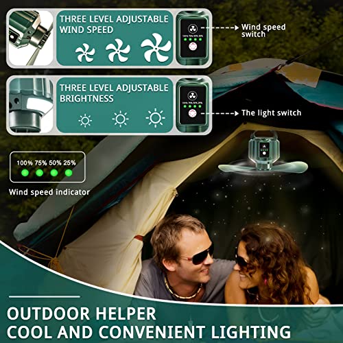 Hssio Camping Fan with LED Light, 7500mAh Rechargeable Portable Ceiling Fan with Remote Control, Tent Fan with 3-Speed Adjustable & Detachable Fan Blades for Outdoor