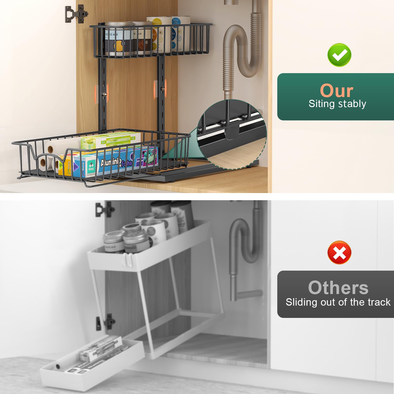 Beainbox Under Sink Organizer, Adjustable Metal Under Sink Storage, Put Out Sink Cabinet Organizer of Kitchen Bathroom