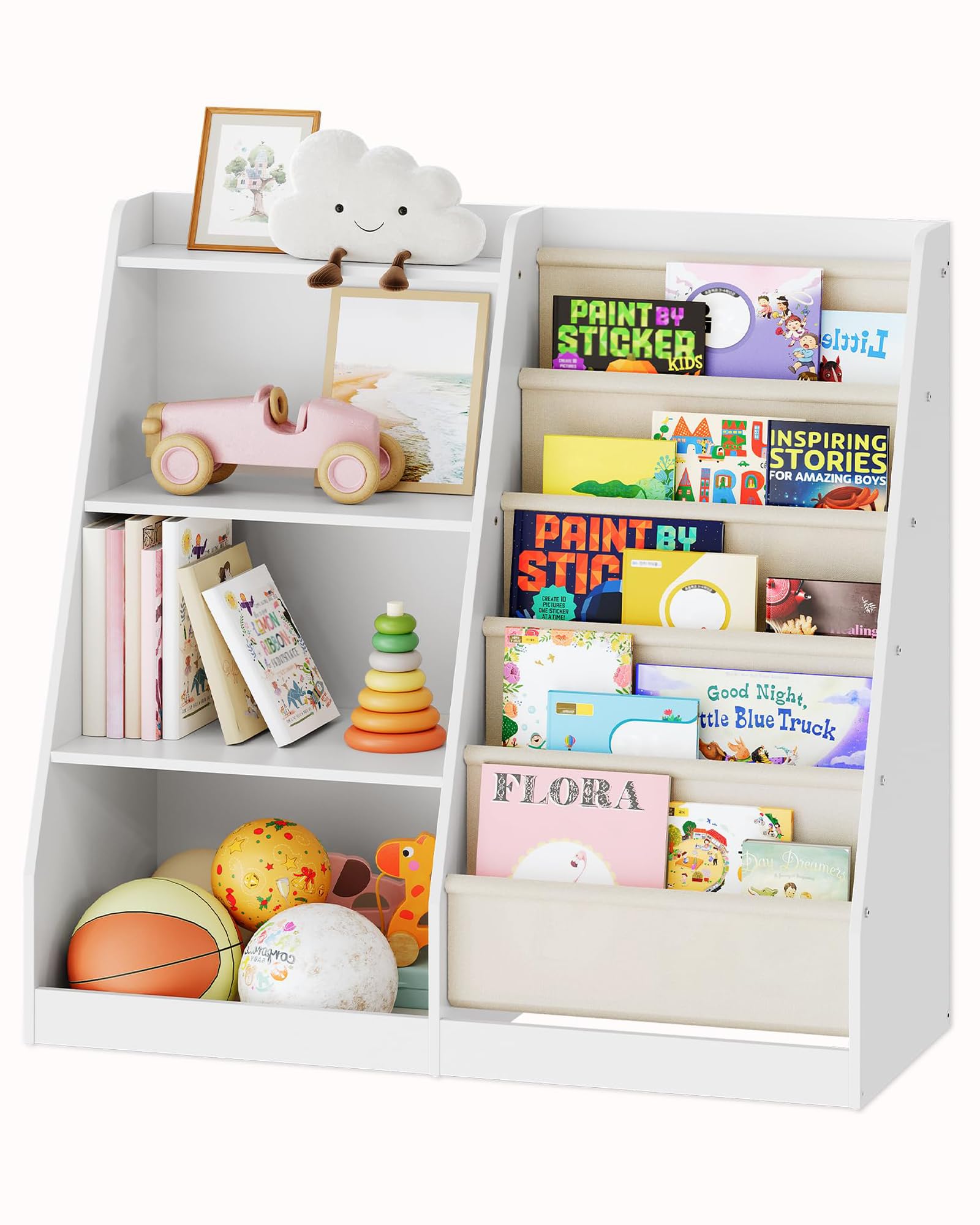 CHOEZON 4-Tier Kids Bookshelf and Toy Storage, 6 Layer Fabric Toddler Bookshelf, Kids Toy Storage Organizer, Sling Kids Bookcase, for Playroom, Bedroom, Nursery, Classroom, White MCW05WT