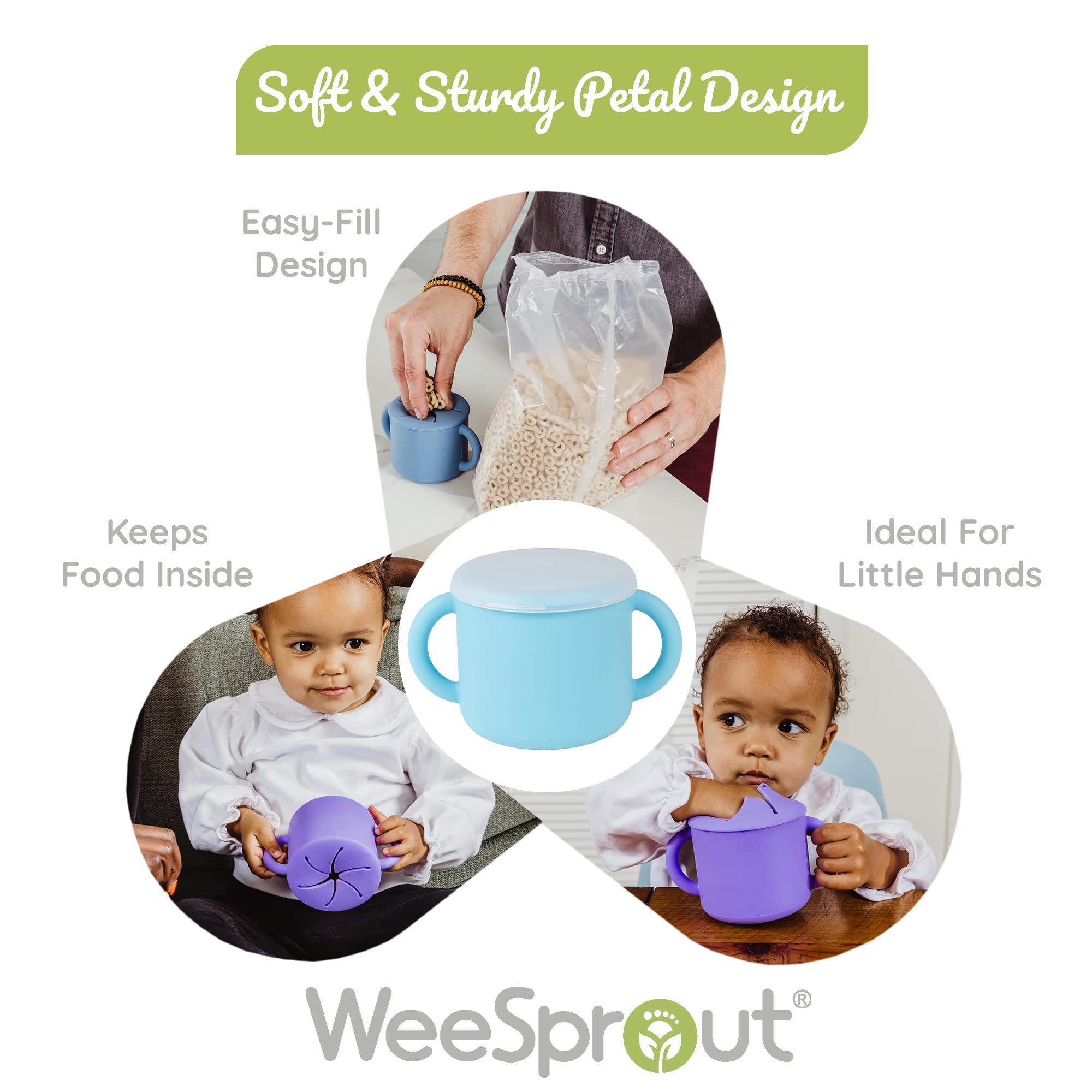 WeeSprout Snack Containers, Food Grade Silicone, Plastic Drinking Cup, Spill-Proof Tops for Toddlers and Babies, Premium Hard Plastic Travel Lids, Dishwasher Safe, Set of 2 (Matte Blue, Matte Green)