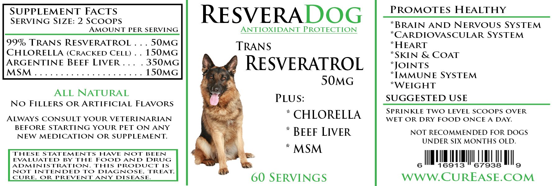 CurEase Resveradog: Dog 99% Tran Resveratrol Powder with Argintine Beef Liver, MSM & Chlorella