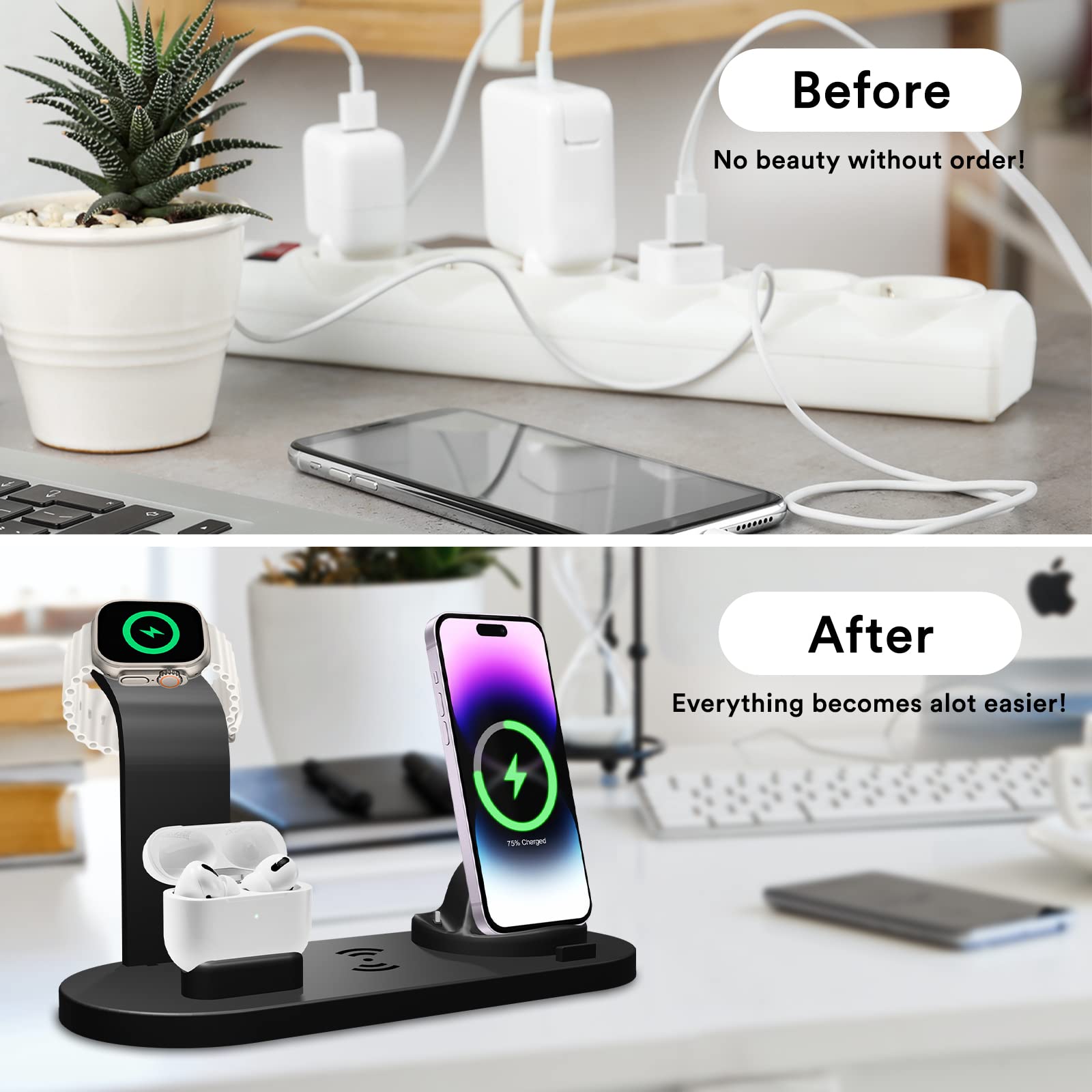 Apple 4 in 1 Wireless Charging Station for iPhone 15/15 Pro Max/15 Plus iPhone 14/13/12/11 Series, Air Pods Pro, Watch Charging for iWatch Series 9/8/7/6/SE, with Adapter & iWatch Charging Cable