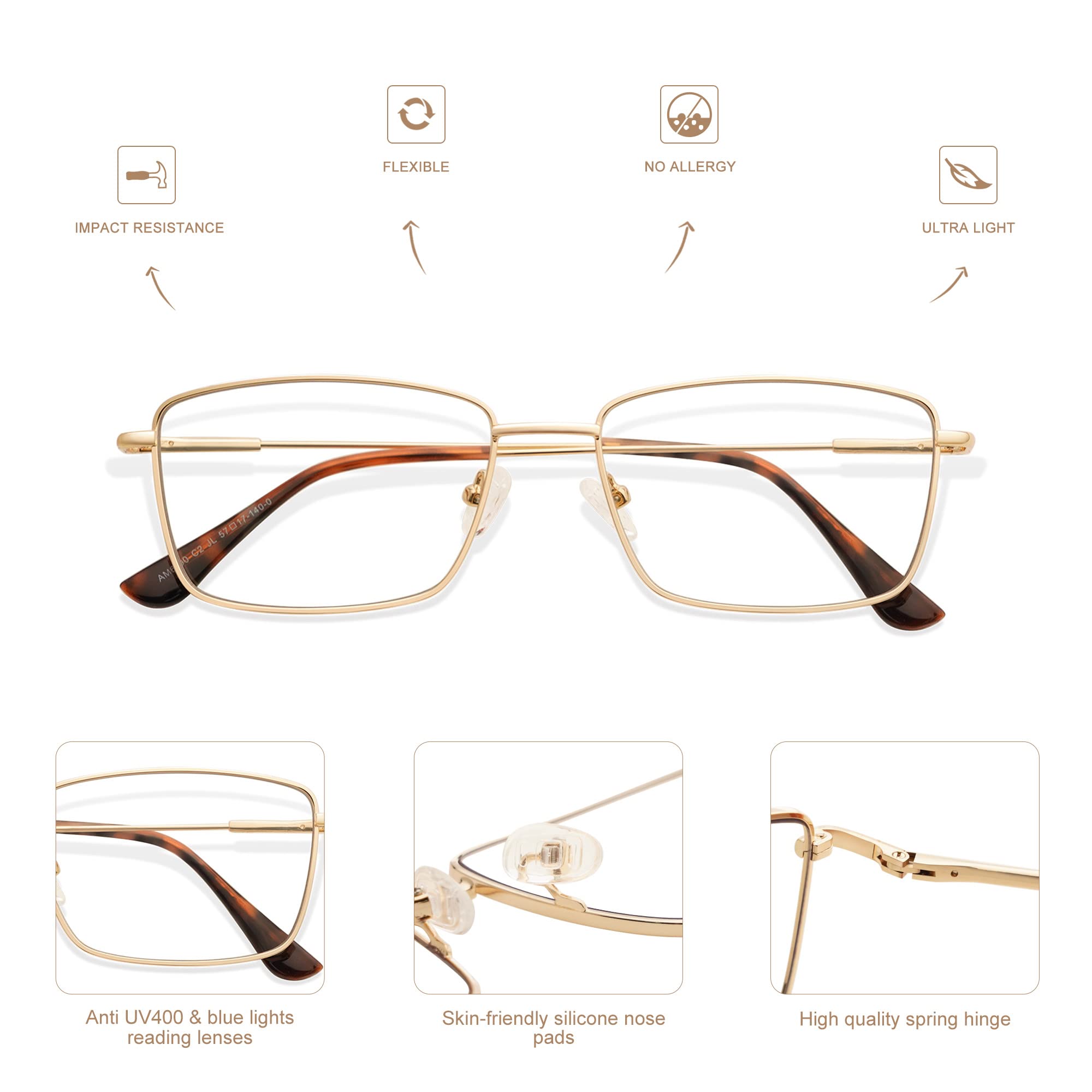 AMOMOMA 3-Pack Retro Reading Glasses Blue Light Blocking for Women Men,Metal Spring Hinge Rectangle Readers Anti Glare Filter AM6090C1+C2+C3 1.5X