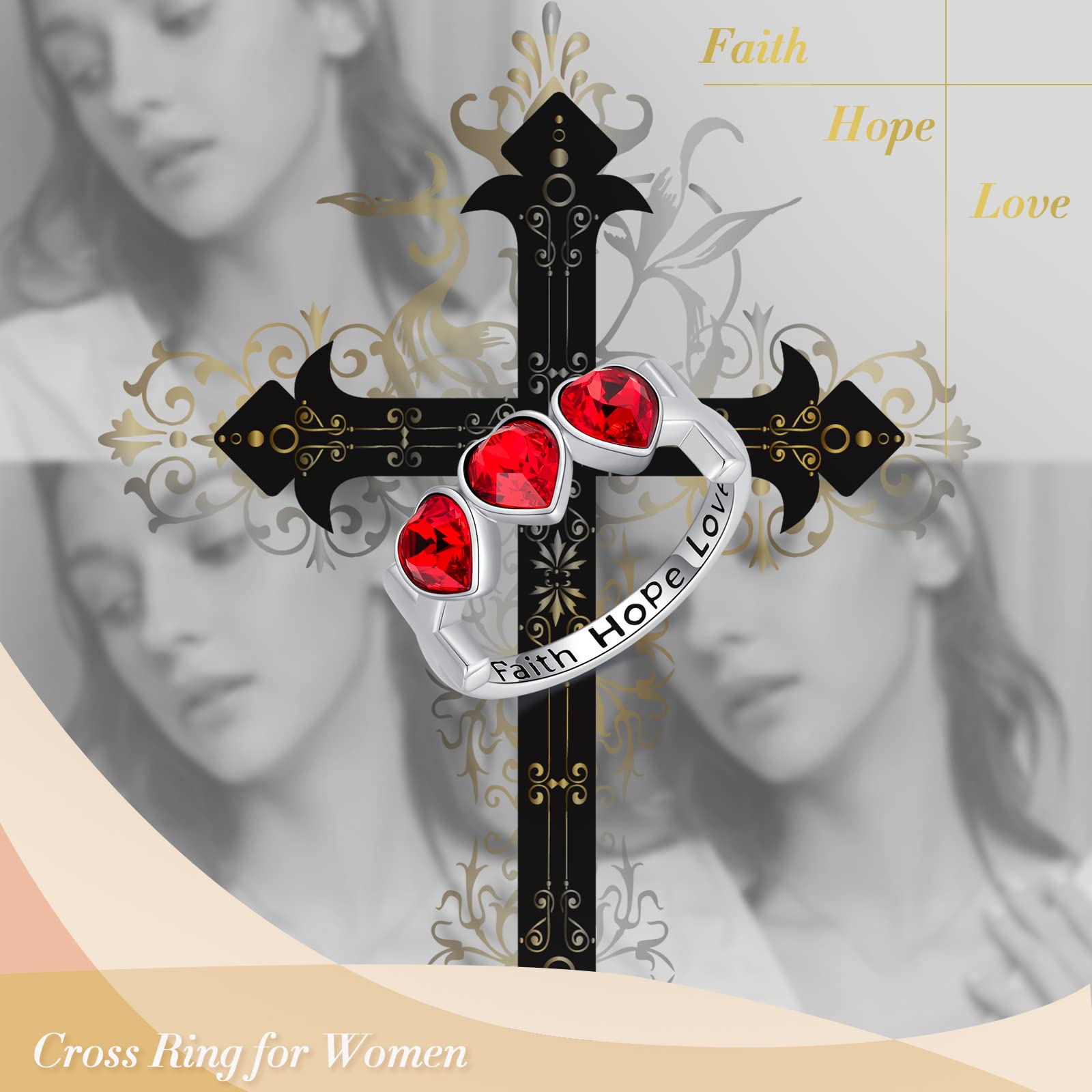 AOBOCO Cross Ring Sterling Silver Faith Hope Love Heart Sideway Cross Ring for Women, Made with Simulated Ruby Red Heart Austrian Crystals, Size 9
