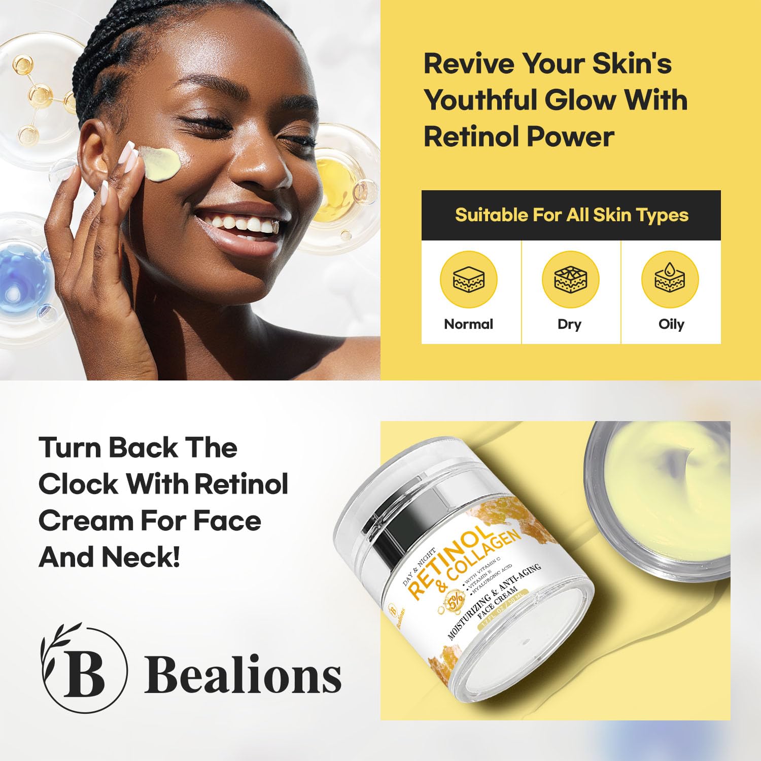 Bealions Retinol Collagen Cream - Hydrating Hyaluronic Acid Face Moisturizer, Anti-Aging & Firming, Vitamin C+E, for All Skin Types, USA-Made, 1.7 Fl Oz