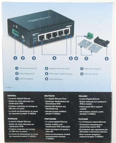 TRENDnet 5-Port Hardened Industrial Gigabit DIN-Rail Switch, 10 Gbps Switching Capacity, IP30 Rated Network Switch (-40 to 167 ºF), DIN-Rail and Wall Mounts Included, Lifetime Protection,Black,TI-G50