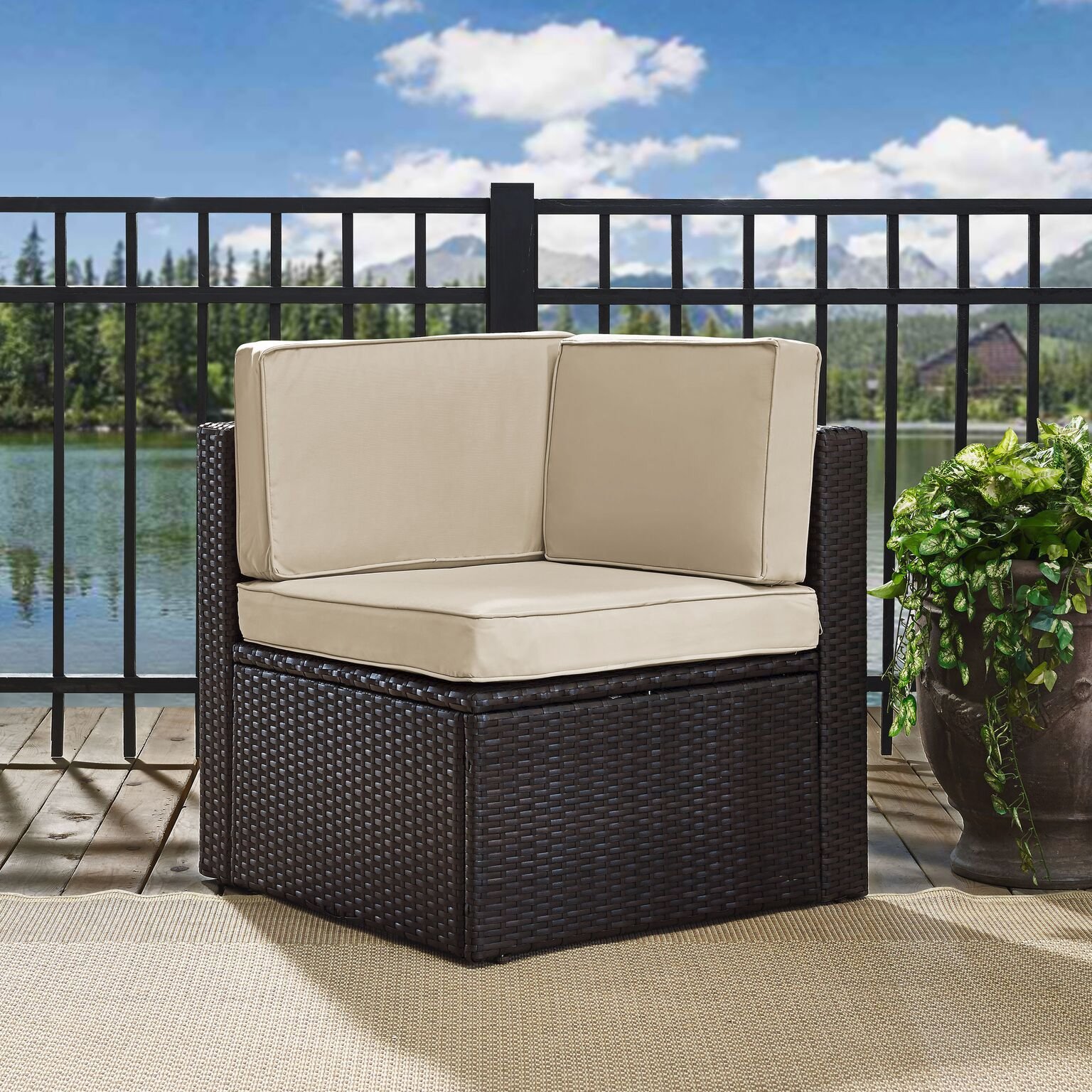 Crosley Furniture Palm Harbor Corner Outdoor Sectional Chair, Wicker Patio Chairs for Porch, Deck, Backyard, Brown with Sand Cushions