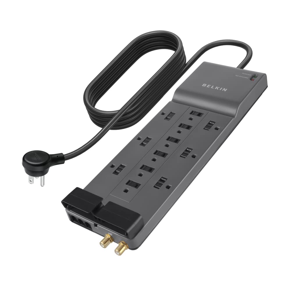 Belkin BE108230-06 8-Outlet Power Strip Surge Protector w/Flat Plug, 6ft Cord (3,550 Joules),Black & 12-Outlet Power Strip Surge Protector w/ 8ft Cord (3,940 Joules), Gray