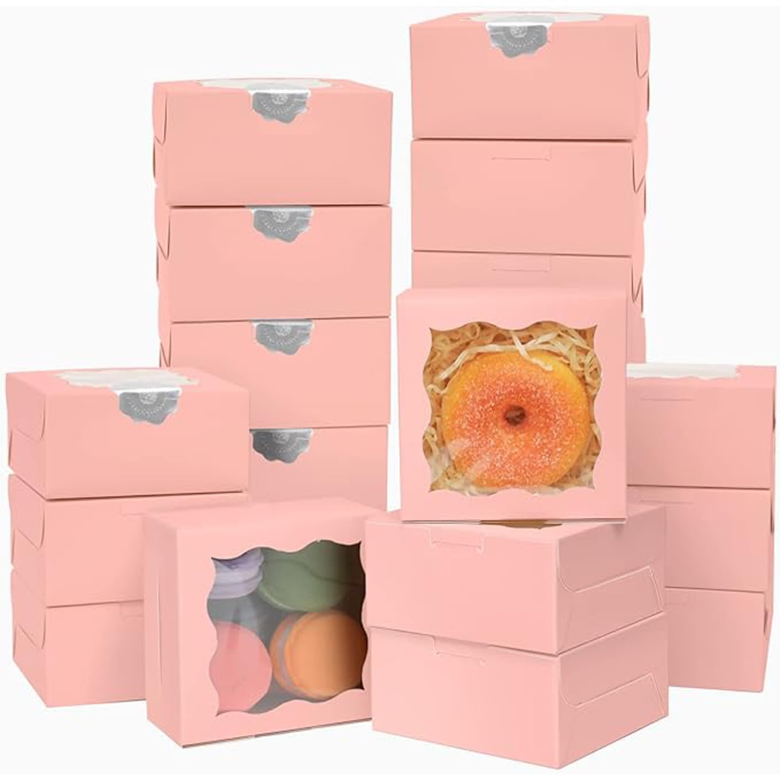 Bakepacker Pink Bakery Boxes with Window 4x4x2.5 inches Small Size Pastry Boxes Mini Cookie Boxes for Bakerys Thick & Sturdy (100 Packs)