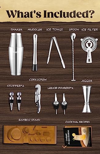 KITESSENSU Mixology Bar Kit with Stand | Complete 11-Piece Cocktail Shaker Set Bar Set for Inspired Drink Mixing Experience | Bartender Accessories for Home Bar Tools Set with Recipes Booklet