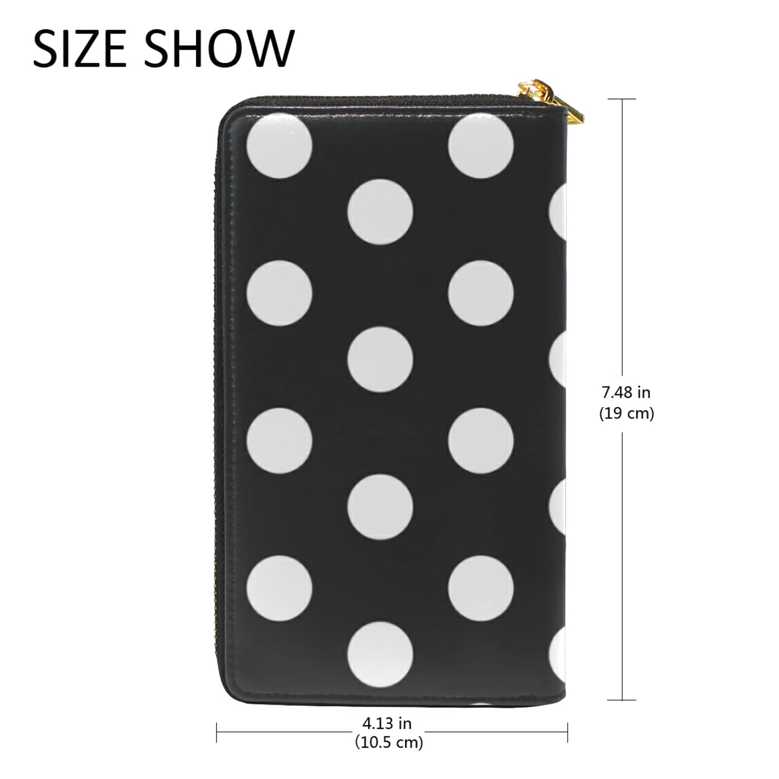 Seamless White Polka Dots on Black Dark Leather Long Wallet Organizer with Zipper Purse Clutch Bag for Women Men
