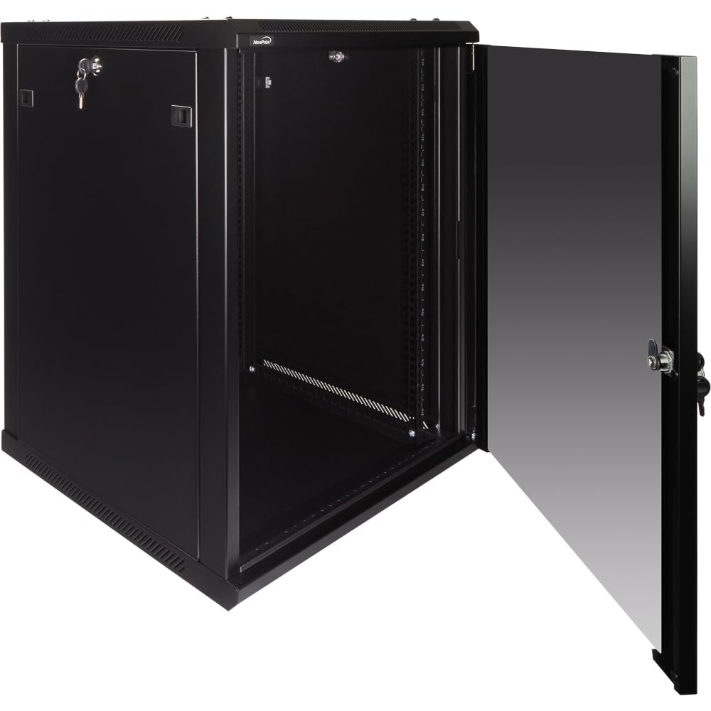 NavePoint 15U Server Rack Enclosure - 23.6” Deep, 15U Wall Mount Network Cabinet with Locking Glass Door for 19” IT Equipment, 15U Network Rack with 2 Fans, Removable Side Panels, Black
