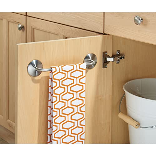 mDesign Decorative Metal Small Towel Bar - Strong Self Adhesive - Storage and Display Rack for Hand, Dish, and Tea Towels - Stick to Wall, Cabinet, Door, Mirror in Kitchen, Bathroom - 2 Pack - Brushed