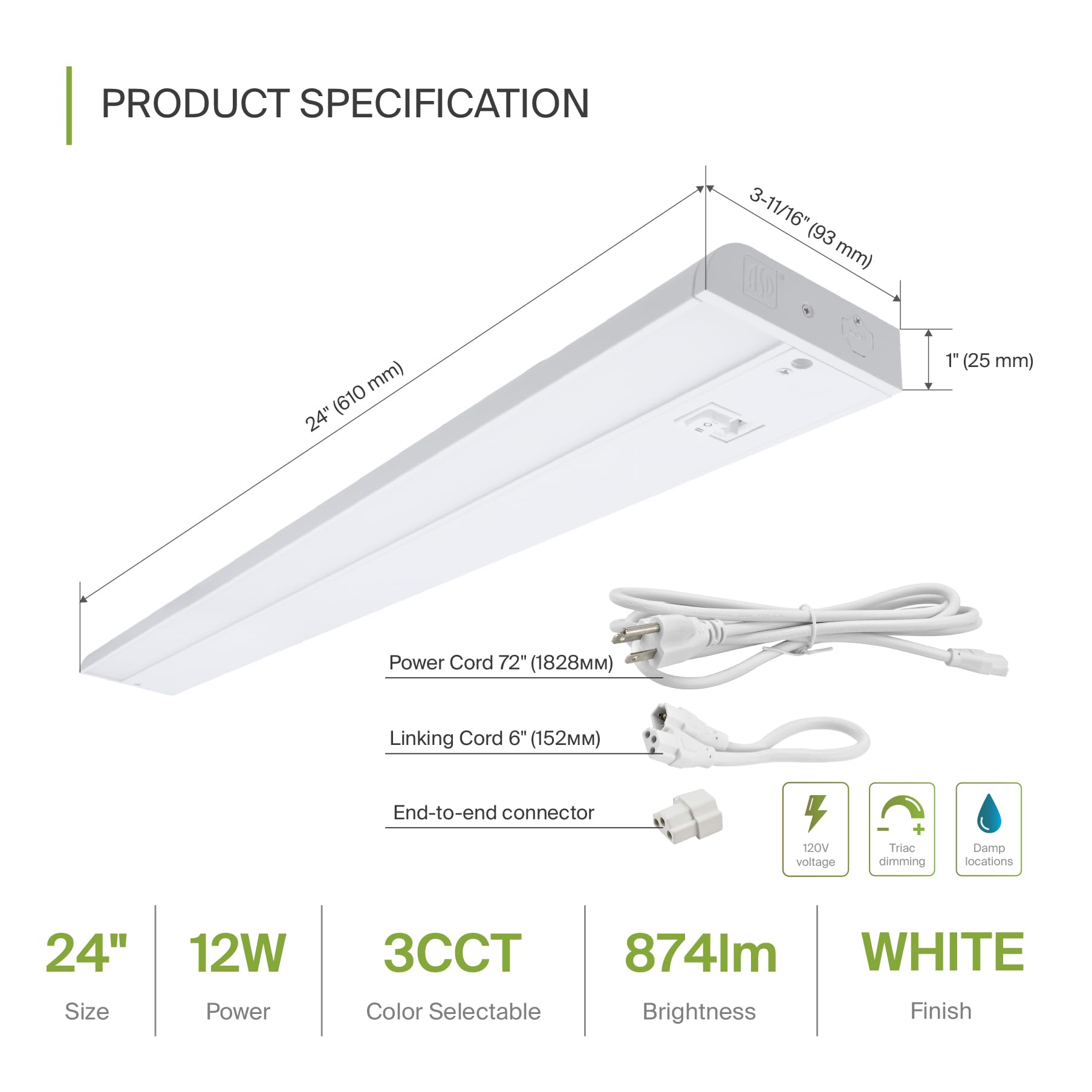 ASD LED Under Cabinet Lighting 24 Inch, Dimmable, Hardwired or Plug-in Installation, 3 Color Levels- 2700K/3000K/4000K, Linkable Kitchen Under Counter Lighting, ETL & Energy Star, White Finish