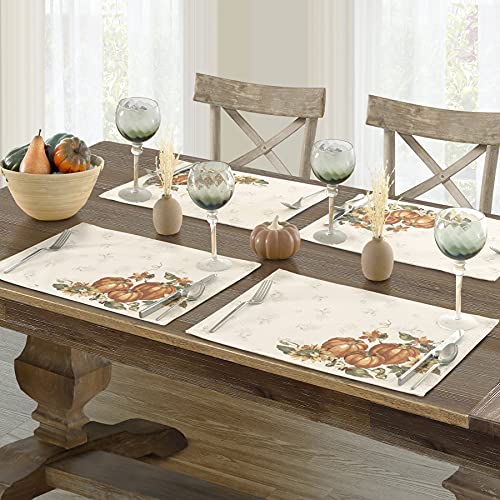 Lintex Stockbridge Pumpkin Harvest Bordered Thanksgiving Placemats, Autumn Fall Leaf, Sunflower and Acorn Border Print Print Easy Care Fabric Placemats, Set of 4 Bordered Placemat