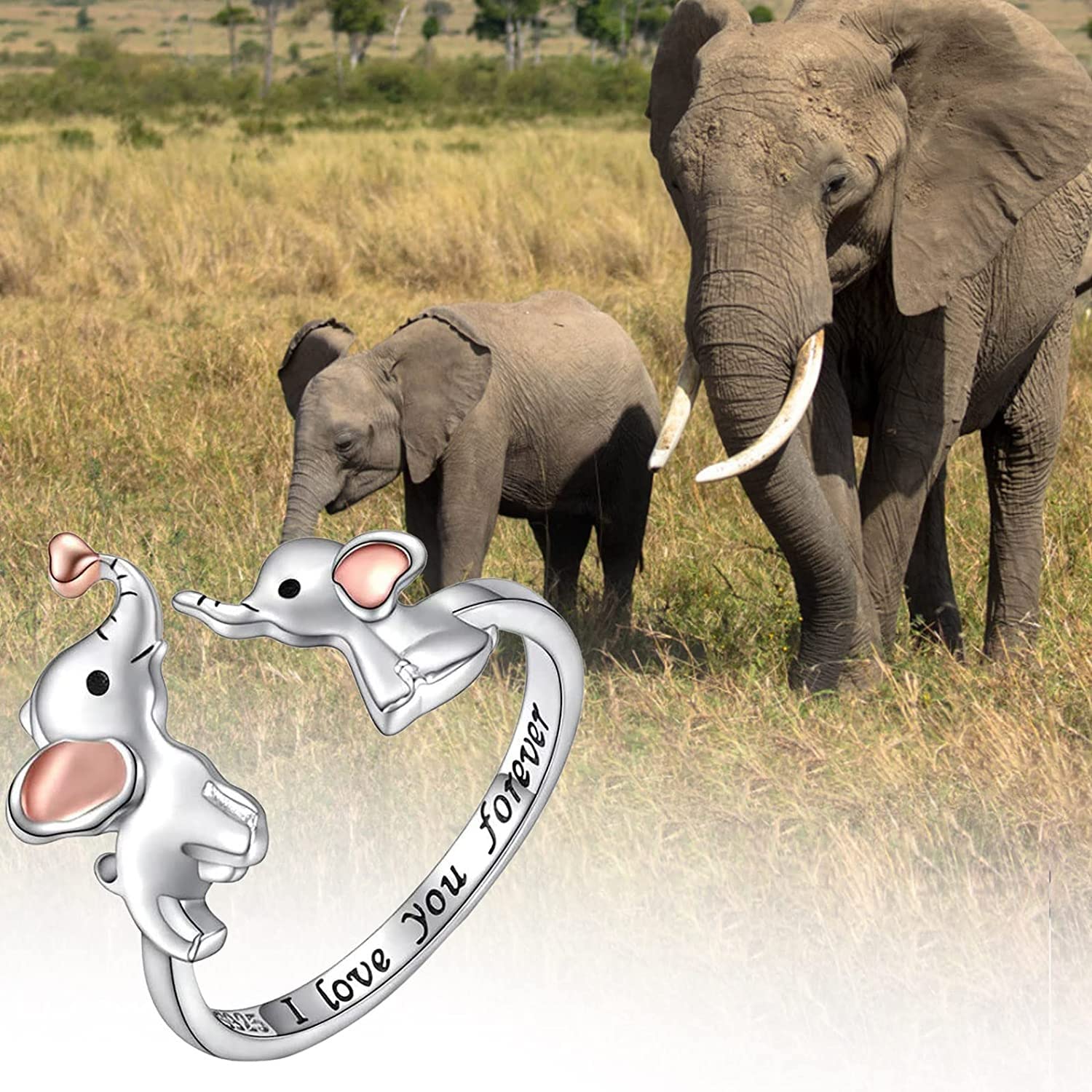 BLUGY Mom Daughter Elephant Opening Ring Two Color Elephant Love Ladies Open Adjustable Ring I Love You Forever Ring