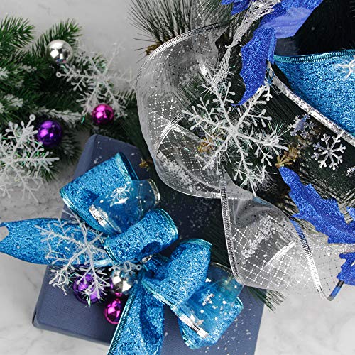 VATIN Christmas Ribbon,Wired Holiday Party Ribbons Assorted Snowflake Dot Holly Star Patterns Decorations, Swirl Sheer Glitter Ribbon 36 Yards (2.5" Width x 6Yard Each Roll) -Blue/Silver