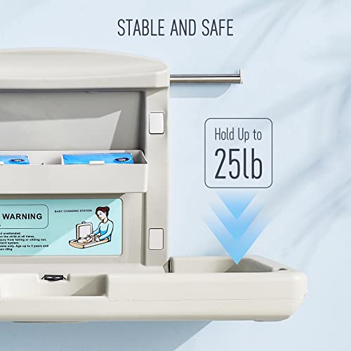 PLUSSEN Baby Changing Station Wall Mounted, Fold Down Commercial Baby Changing Station with Adjustable Safety Strap, Storage Box,Horizontal-X1005
