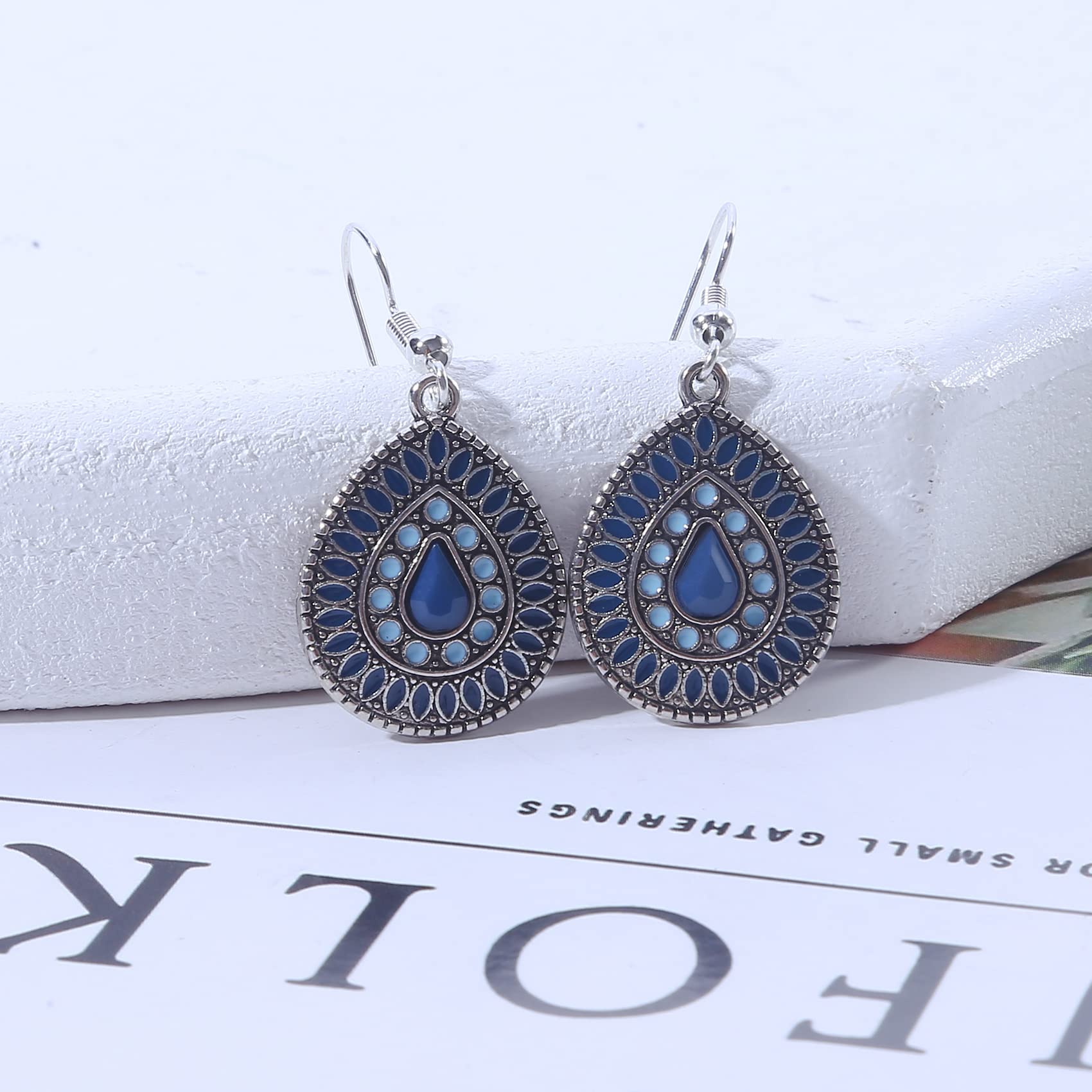 Bayetss Vintage Drop Dangle Earrings Ethnic Enamel Hook Earring Unique Statement Earrings Accessories for Women,Navy blue