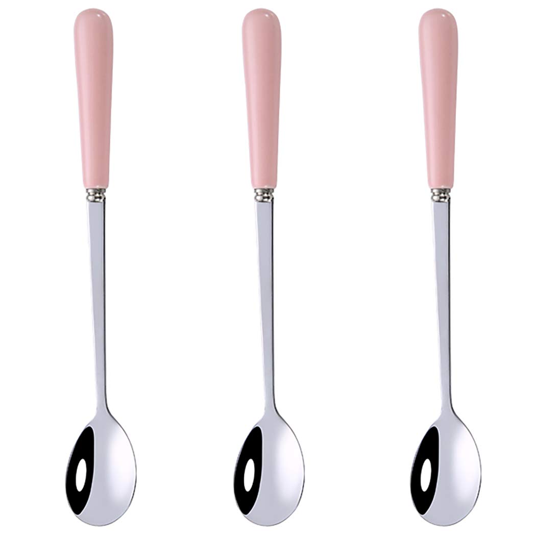 Goeielewe 3PCS Mixing Spoons for Coffee, Dessert, Ice Cream, Milkshake, Stainless Steel Iced Teaspoon with Ceramic Handle Tablespoons Espresso Cocktail Stirring Spoons, 6.8-Inch (Pink)