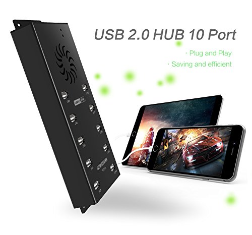 USB Hub, Sipolar 10-Port Powered USB Data Hub with LED Indication Multiple USB Port Hub Splitter with 12V 10A Power Adapter, Cooling Fan and Mounting Brackets