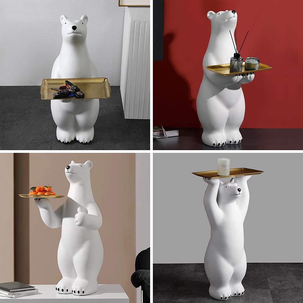 Pearlead Resin Polar Bear Sculpture with Metal Tray Animal Figurine Ornament Standing Statue Candy Dish Decorative Tray for Keys Home Office Hotel Decoration Holding