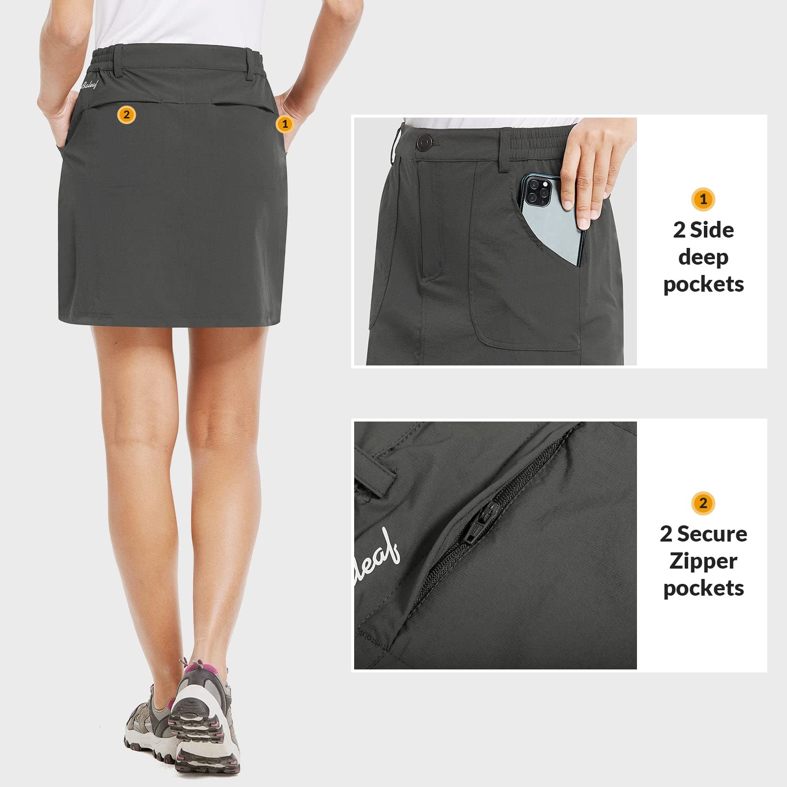 BALEAF Women's Golf Skort UPF 50 Active Athletic Skort Casual Skort Skirt with Zip Pockets Hiking Outdoor Deep Gray M
