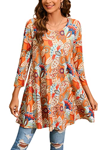 ENMAIN Women's Tunics Tops Plus Size Loose Fit 3/4 Sleeve Top Dressy Casual Swing Paisley Floral Orange Crewneck Hide Belly Tunic Tops to wear with Leggings