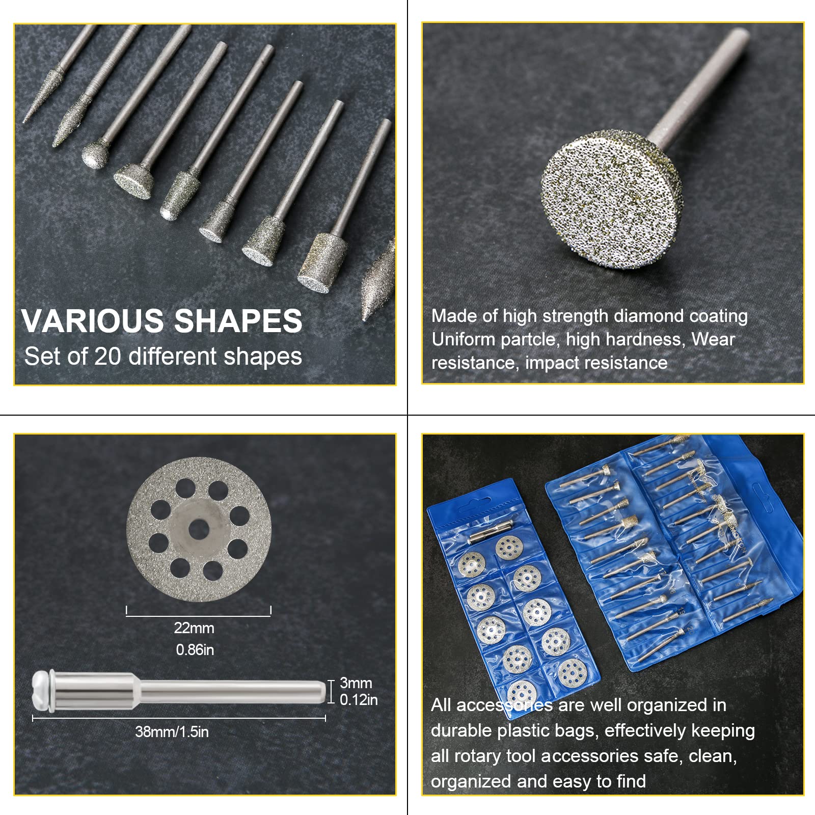 Diamond Burr Set for Dremel, Rotary Tool Grinding Cutting Wheel Stone Glass Tile Jewelry Engraving Rock Etching Masonry 1/8β Die Grinder Carving Cutter Metal Engraver Kit - 32pc Set