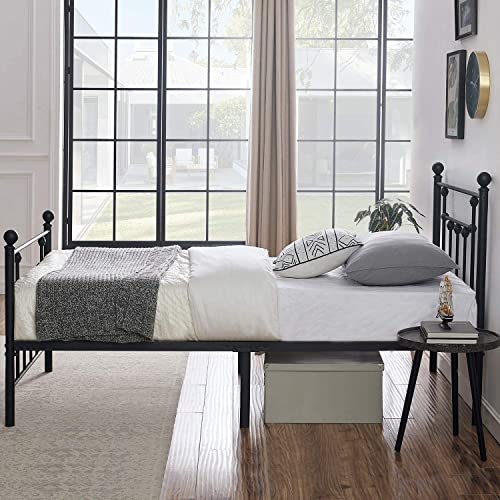 VECELO Twin Size Metal Platform Bed Frame with Headboard and Footboard, Sturdy Steel Slat Support/No Box Spring Needed Mattress Foundation/Easy Assemble,Victorian Style,Matte Black