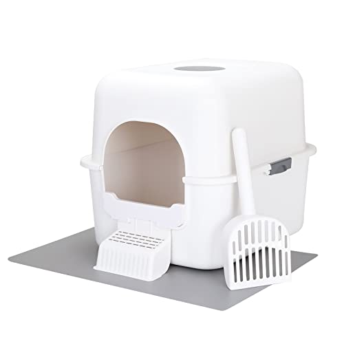 Sfozstra Urine Litter Box with Pedal for Small Cats Approx 8Lbs, Fully Enclosed Leak-Proof ,High Edge and Odorless ,Easy to Carry and Clean (White with Handle, S)