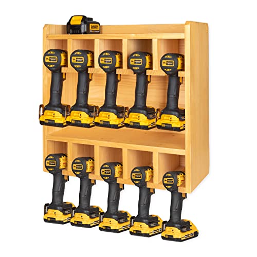 Iron Forge Tools Compact Power Tool Organizer - Fully Assembled Wood Tool Chest and 10 Drill Charging Station, Heavy Duty Storage Shelves - Great Workshop Organization and Storage Gift for Men