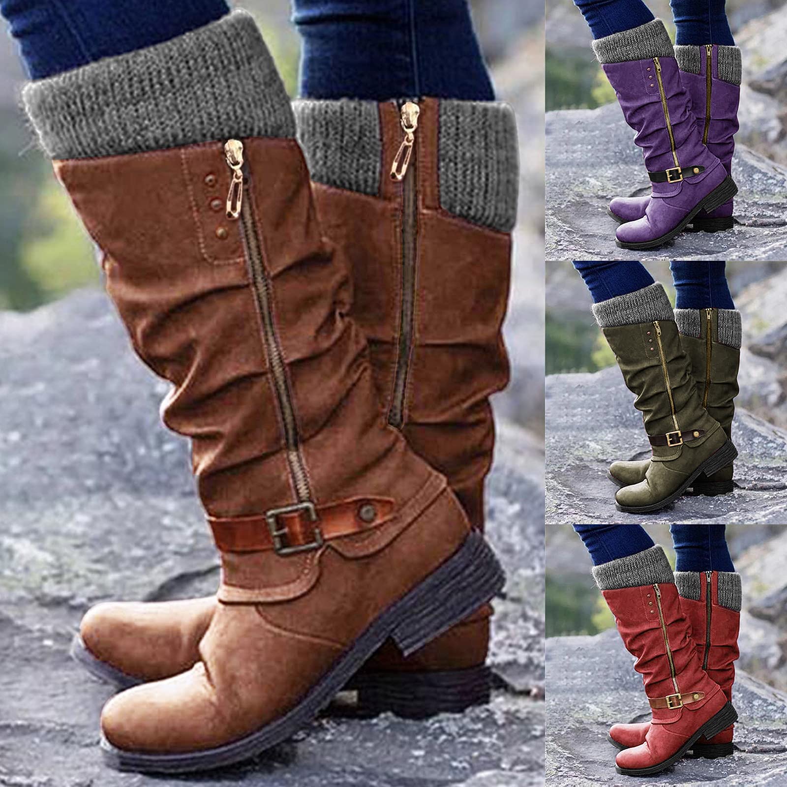 AODONG Cowboy Boots for Women Square Toe Women Knee High Platform Boots Retro Ankle Boots Winter Short Boots Purple