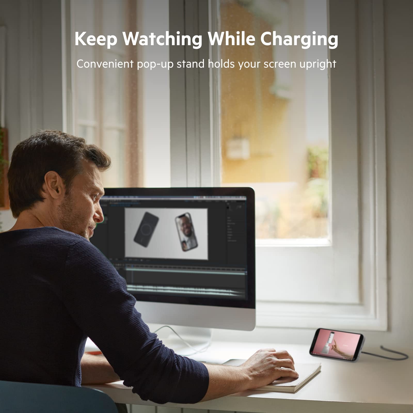 Belkin Wireless Charger for MagSafe, 15W Fast Charging Pad (PSU Not Included) w/ Kick Stand & 6.6ft Long Braided Cable, Compatible w/ iPhone 15, 15 Pro, 15 Pro Max, 14 & 13, and iPhone Mini - Black