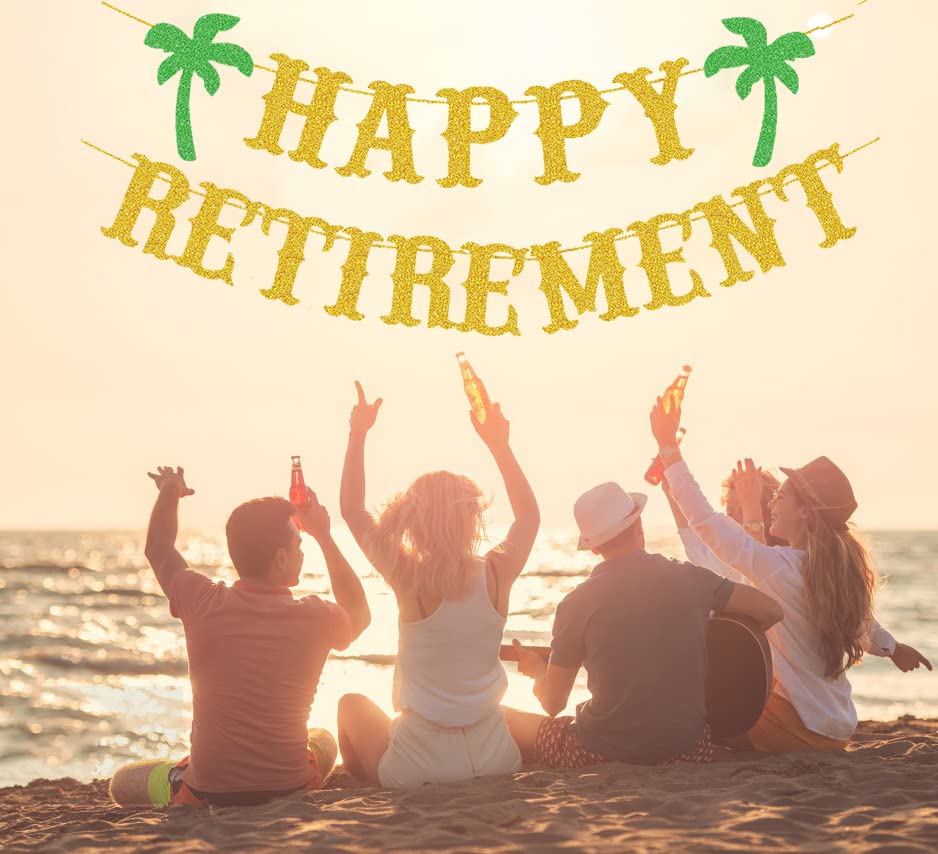 Beach Theme Retirement Party Decorations - Gold Glitter Happy Retirement Banner & Happy Retirement Cake Topper & Coconut Tree Balloons for Beach Theme Retirement Party Supplies Retired Gift Ideas