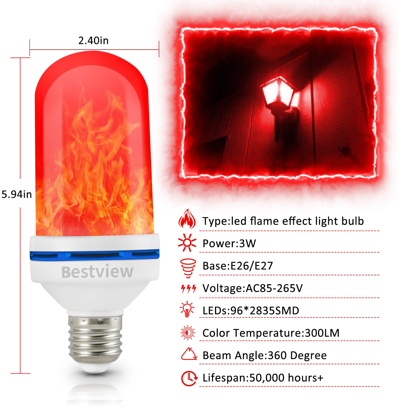 Bestview LED Flame Effect Light Bulbs,4 Modes Smart E26/E27 Base Flickering Fire Light Bulbs with for Halloween, Christmas, Party, Porch, Indoor&Outdoor Home Decoration Lighting (Green &Red)