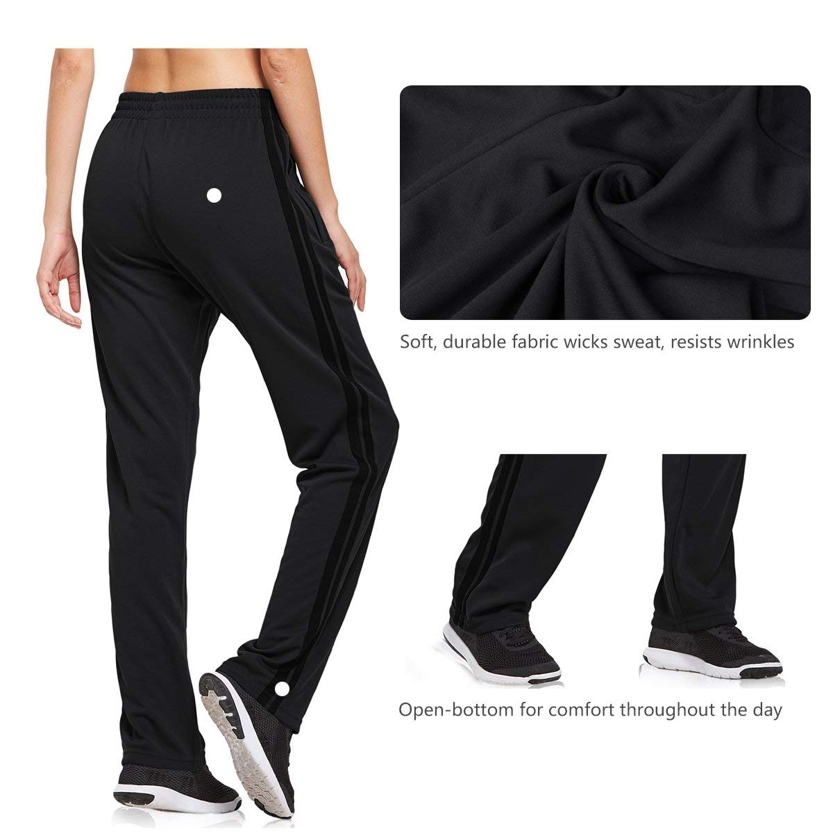 BALEAF Women's Track Pants Athletic Jogging Sweatpants Zipper Pockets Warm-Up Sports Running Pants Black/Black Size XL