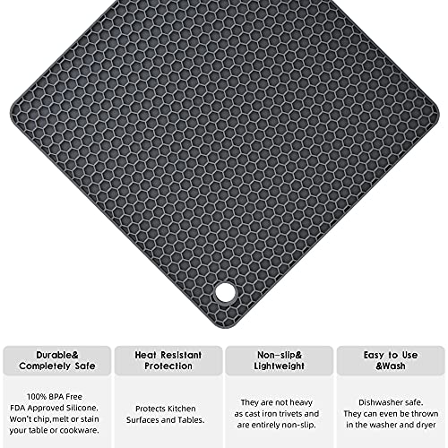 Trivets for Hot Dishes, Hot Pads for Kitchen, Silicone Pot Holders for Kitchen, Trivets for Hot Pots and Pans, Heat Resistant Mats for Countertop, Square Trivet Mat for Quartz Countertops, Pack 4 Gray