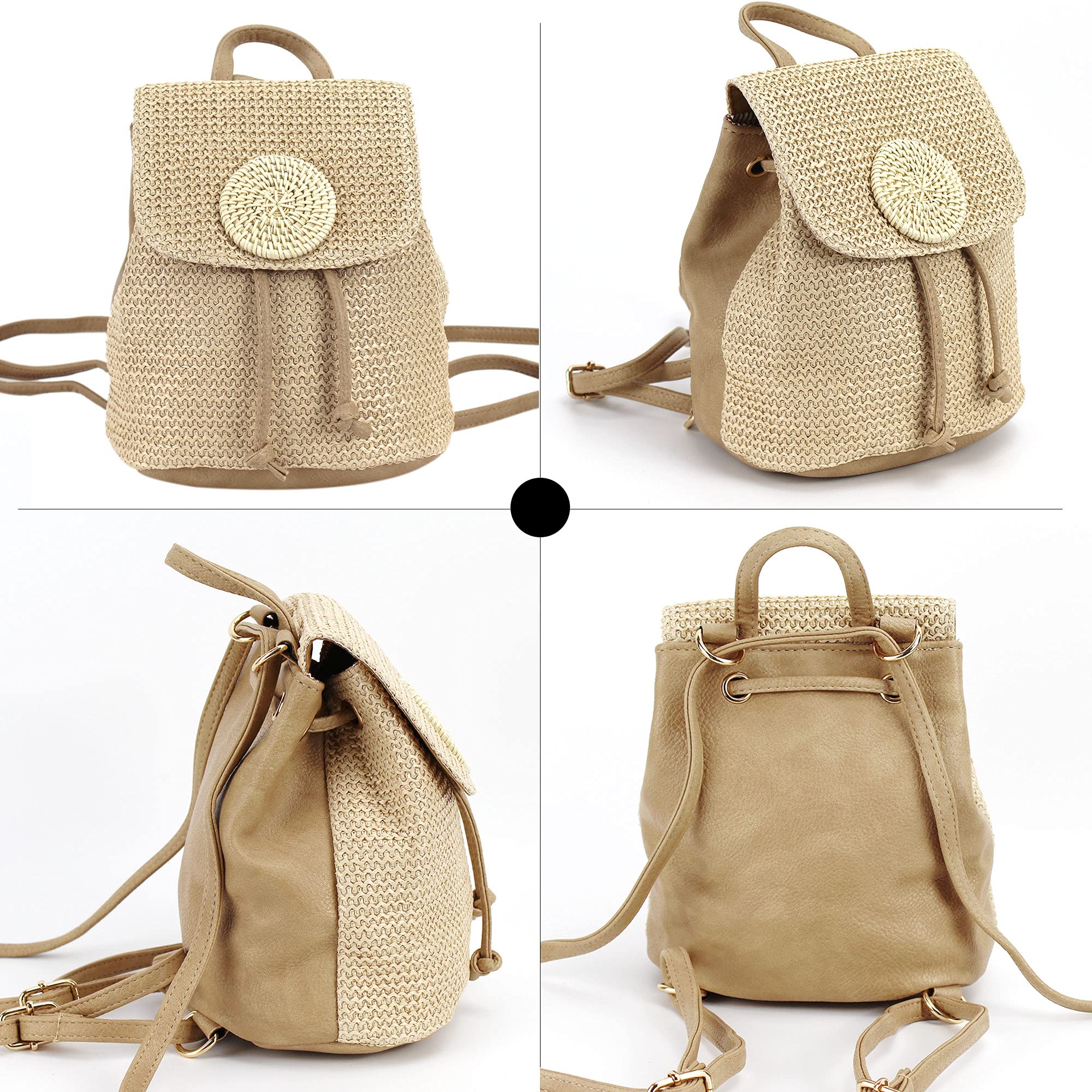 Felice Ann Women Small Straw Woven Backpack Daypack Cross-body Shoulder Bag