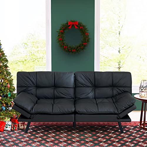 Vyfipt Futon Bed/Couch,Black Faux Leather Memory Foam Small Splitback Convert Backrests&Armrests,Easy to Clean Sofas, 71x33x31.5IN