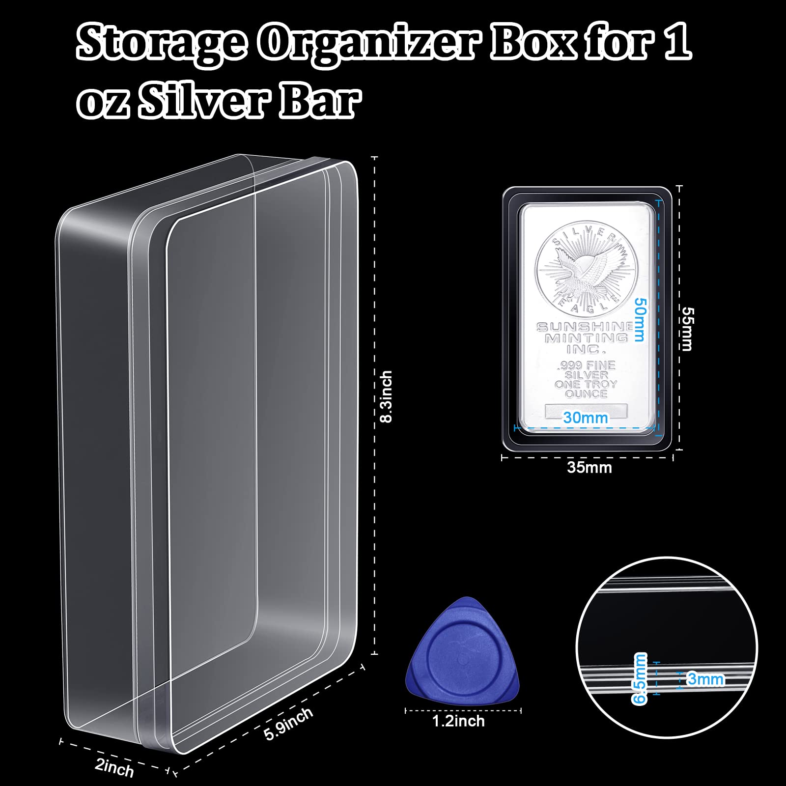 BeapTcely 50 Pcs Silver Bar Case 1 oz Silver Bar Holder Clear Silver Bar Storage Acrylic Silver Bullion Holders and Plastic Storage Organizer Box for 1 Troy Ounce Bar 1 oz Silver Bar (50)