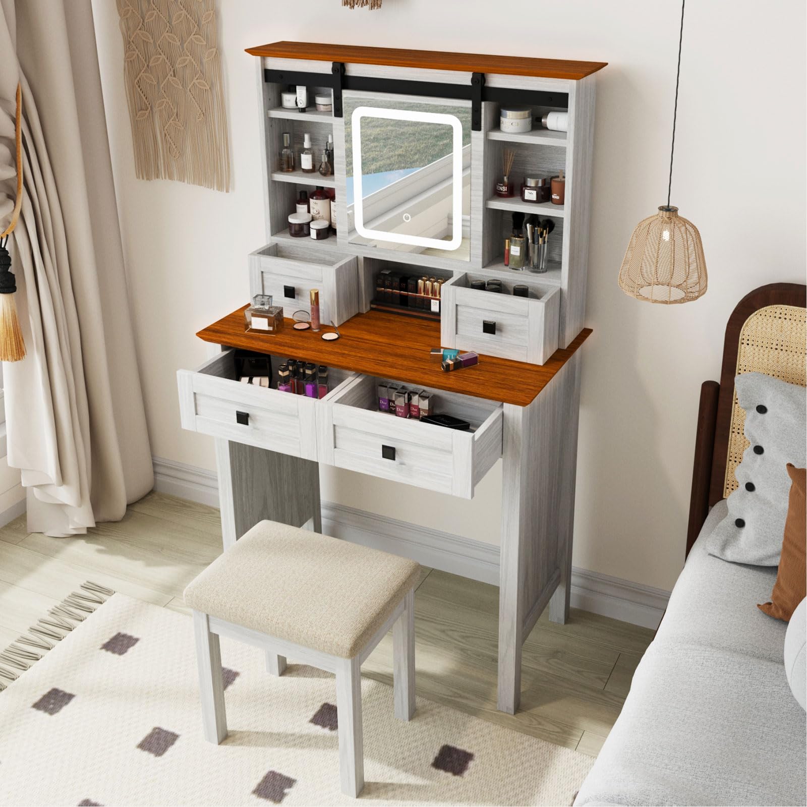 Bonzy Home Makeup Vanity Desk with Lighted Mirror and Stool, 31.5" Vanity Dressing Table with Drawers & Shelves, Upholstered Vanity Stool, Vintage Vanity Set for Bedroom