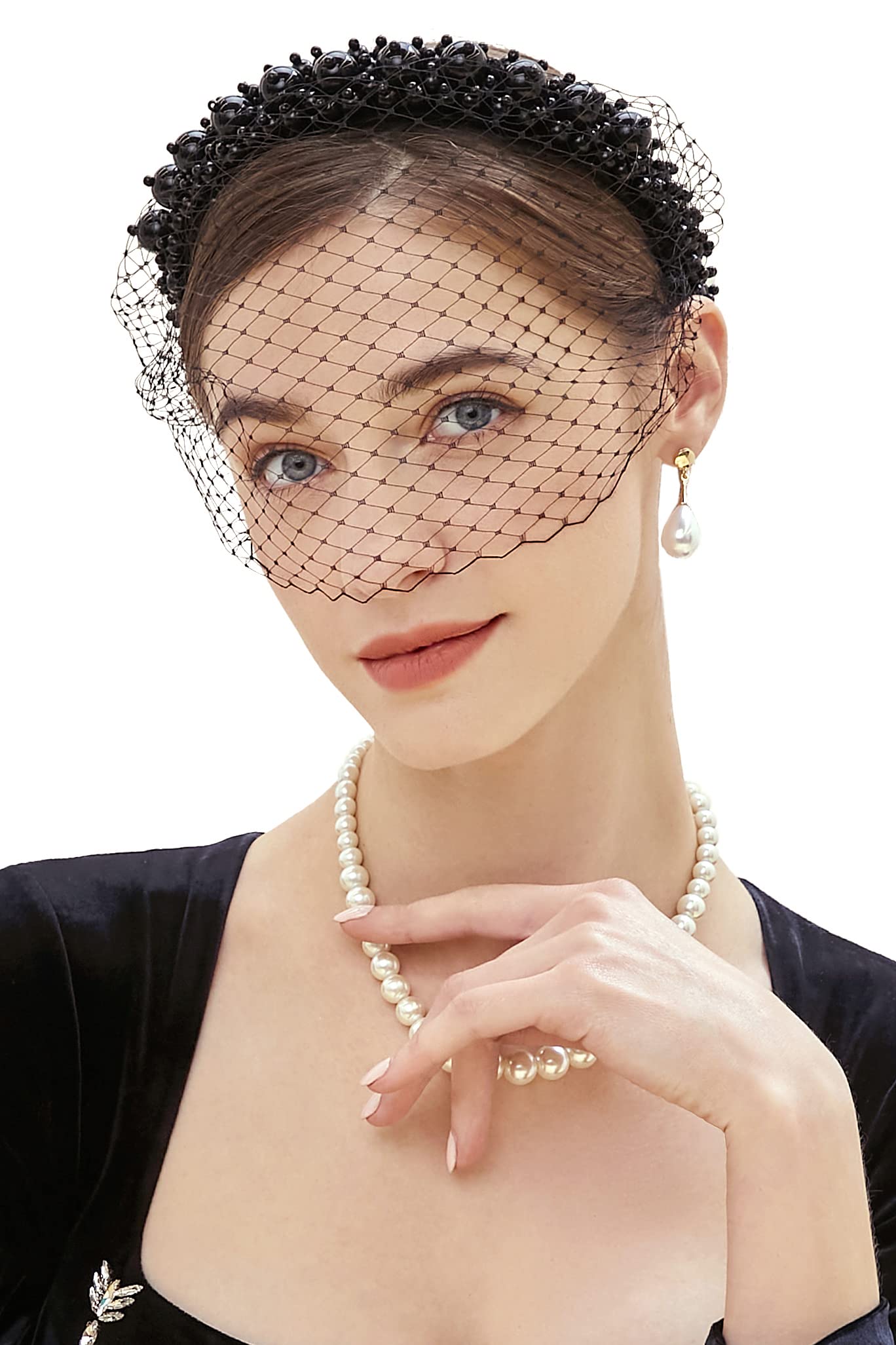 BABEYOND 1920s Flapper Fascinator Mesh Pearl Veil Headband Bridal Wedding Tea Party Fascinator Veil for Women