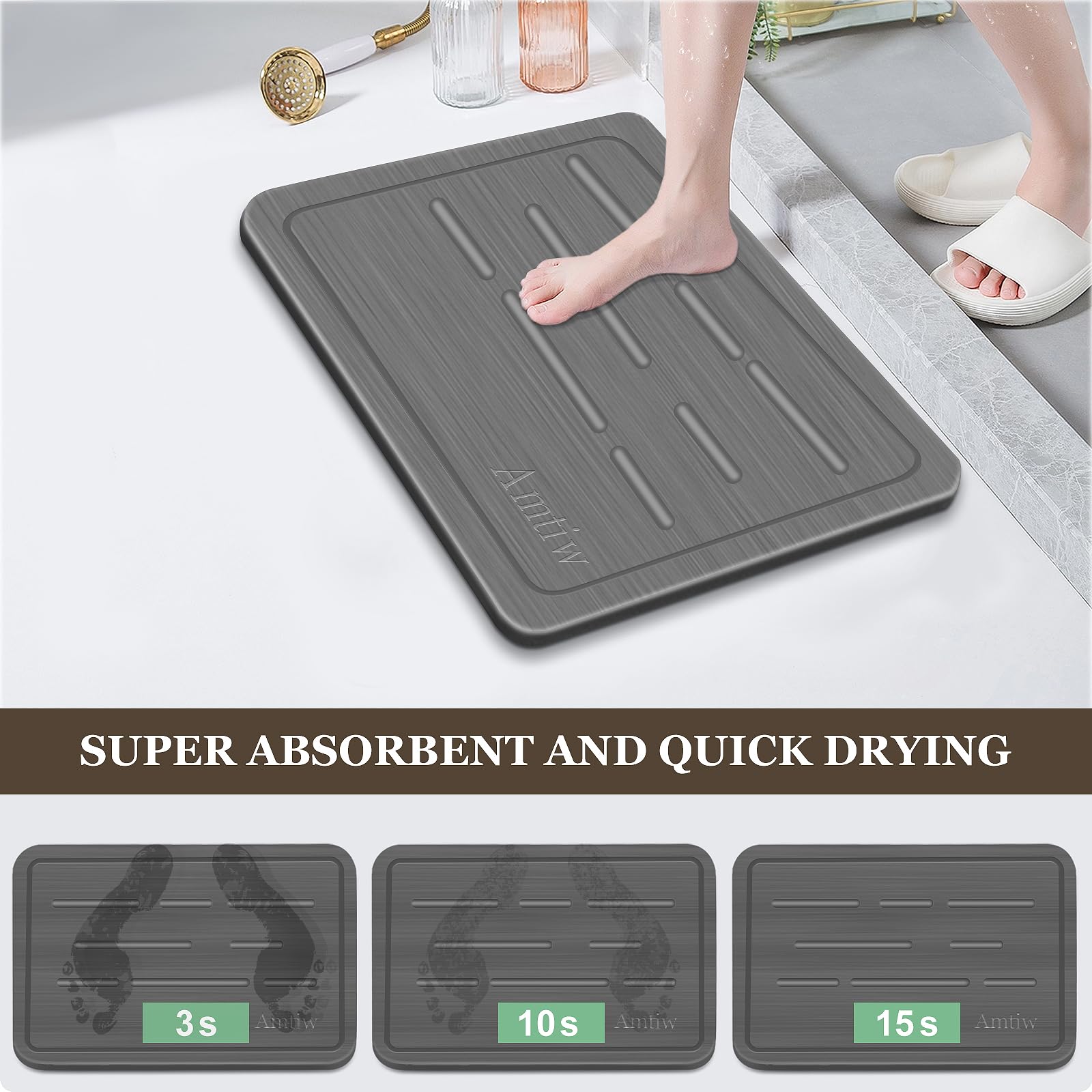 Amtiw Stone Bath Mat Non-Slip Fast-Drying Mat for Kitchen Counter, Bathroom Floor - Super Absorbent Diatomaceous Earth Shower Mat (Gray)