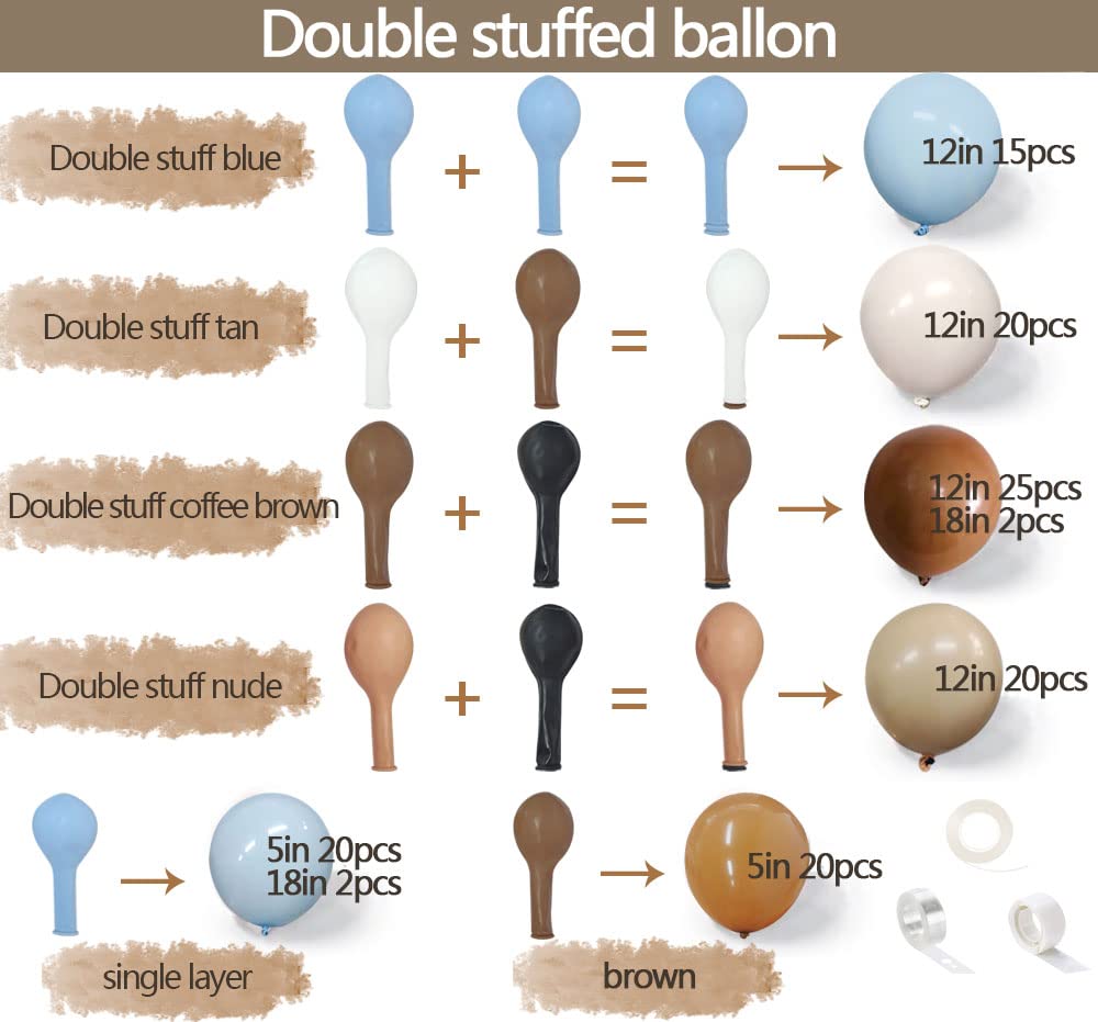 Blue Brown Nude Balloon Garland Double Stuffed Dusty Blue Coffee Pastel Balloon Kit for Teddy Bear Baby Shower Boy Birthday Gender Reveal Boho Theme Party Decorations